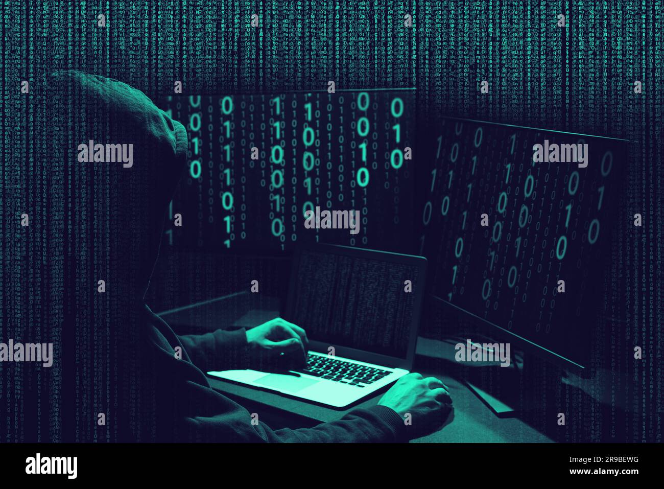 Cyber attack. Anonymous hacker working with computers on dark background. Different codes around ...