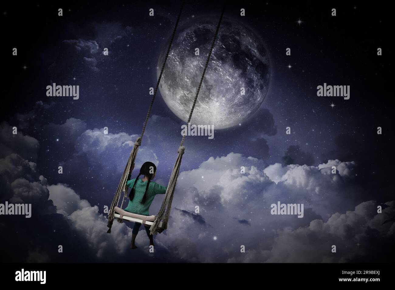 Sleepwalking condition. Girl on swing in night sky with full moon Stock ...