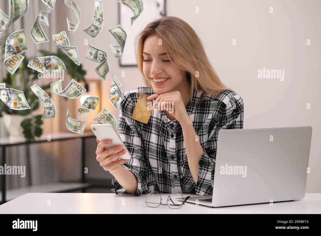 Online payment. Woman with credit card buying something using mobile ...