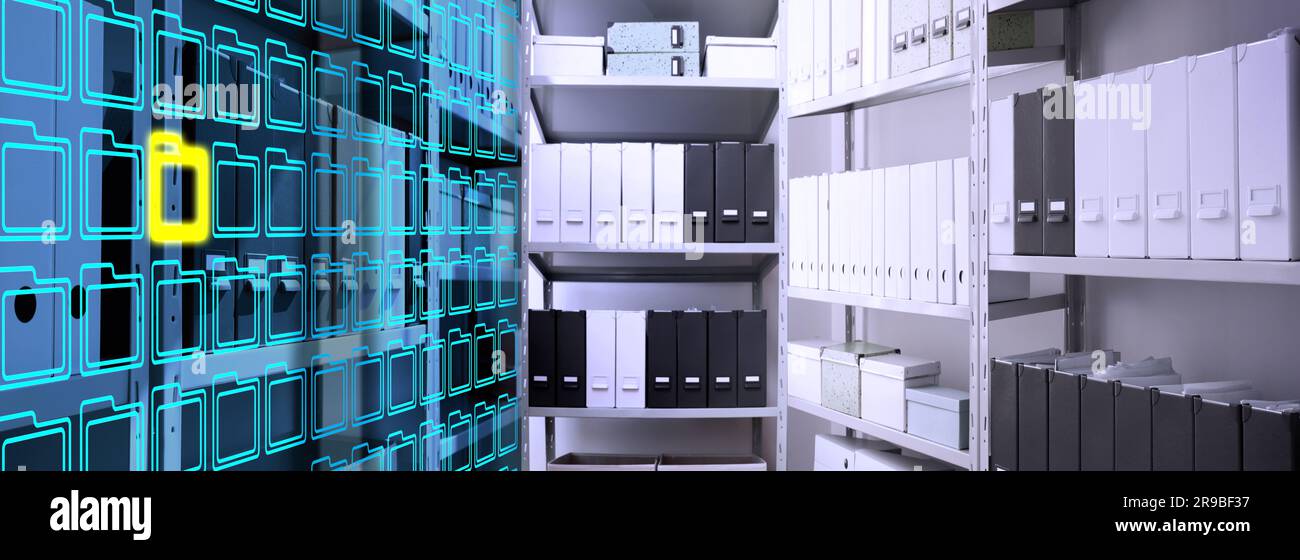Digital archive. One of storage racks covered folder icons and toned in ...