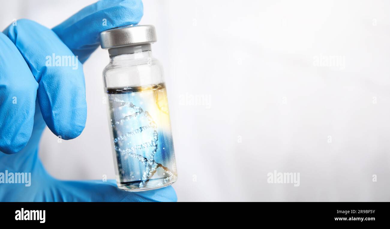 Genetics research. Scientist holding vial with liquid and illustration ...
