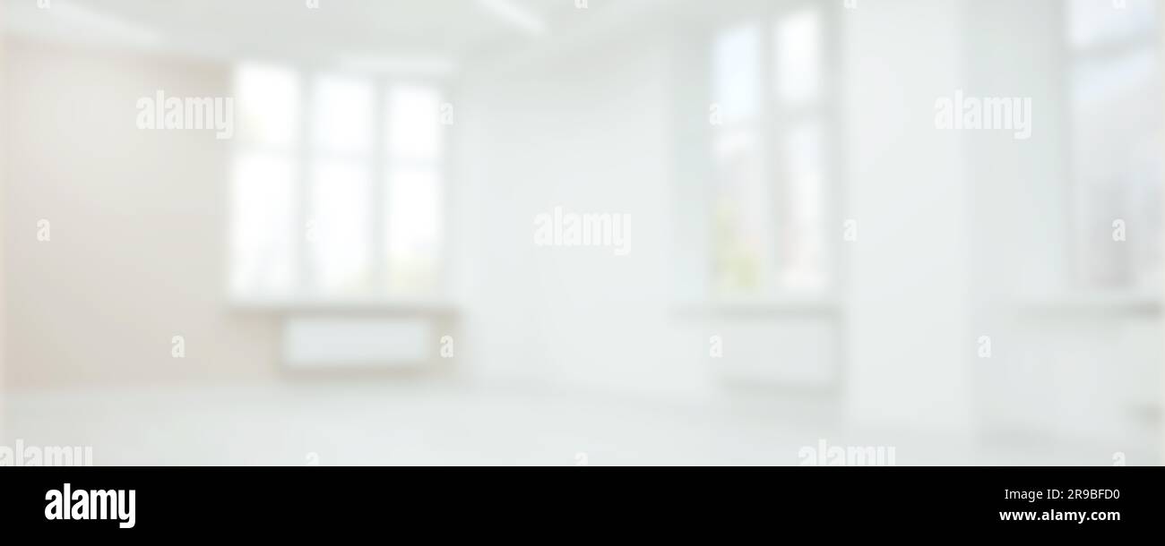 Empty room with white walls and large windows, blurred view. Banner ...