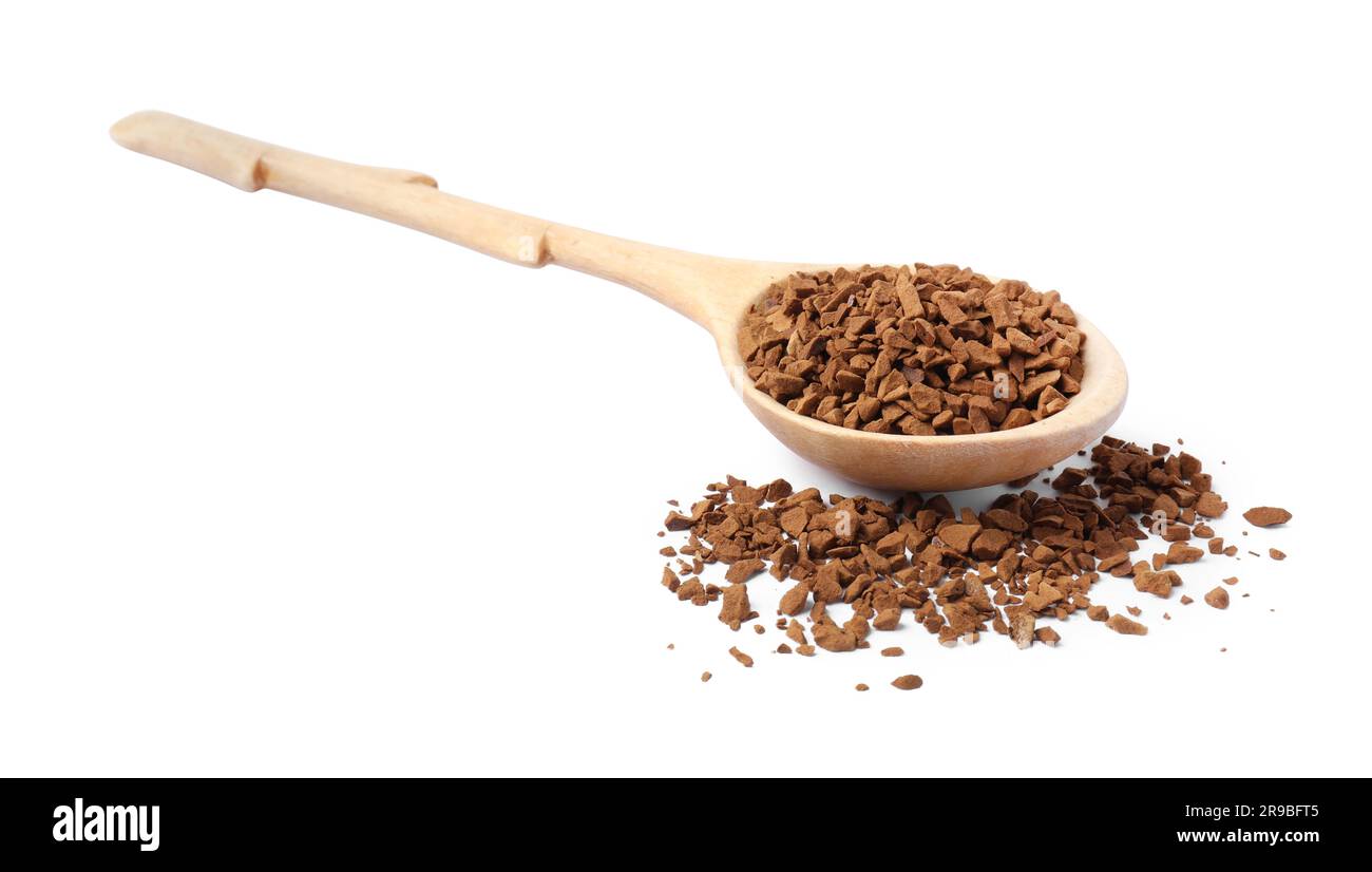 Wooden spoon of instant coffee on white background Stock Photo - Alamy