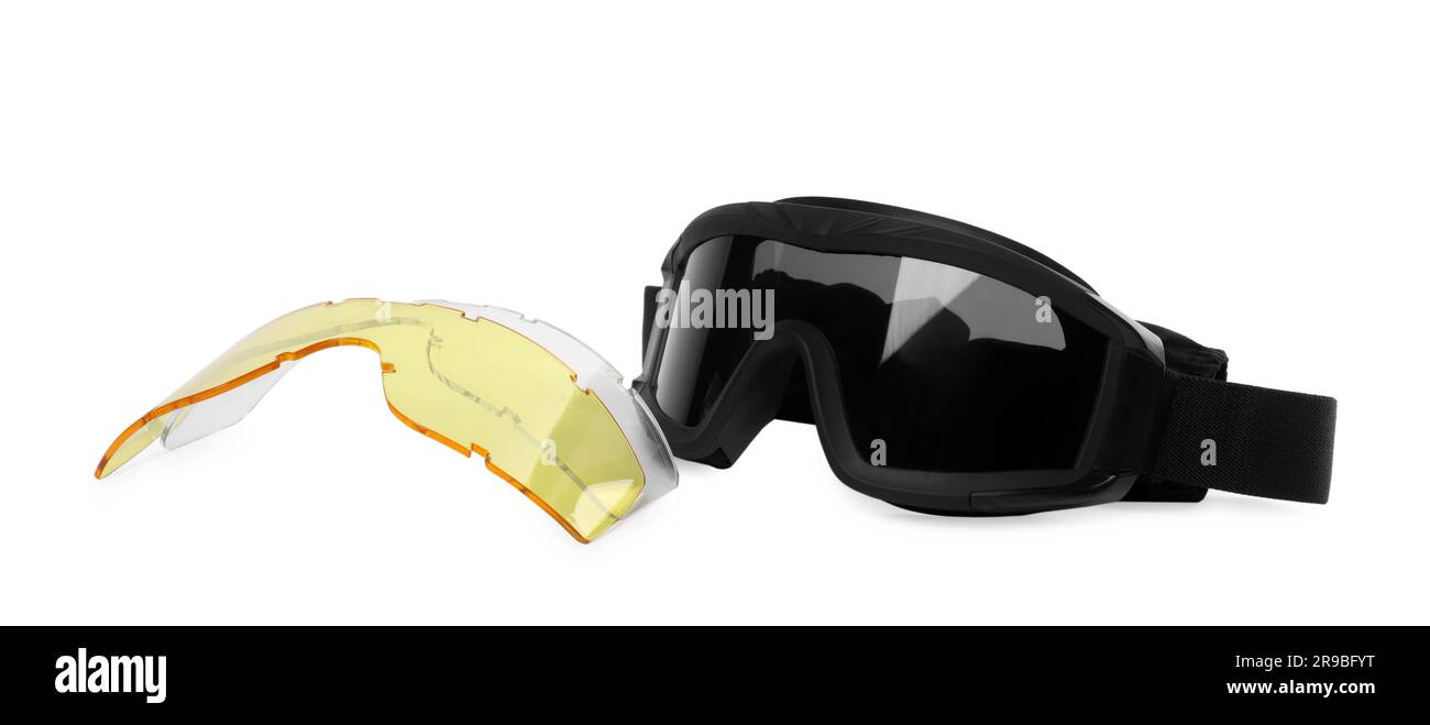 Tactical glasses and different lenses on white background. Military ...