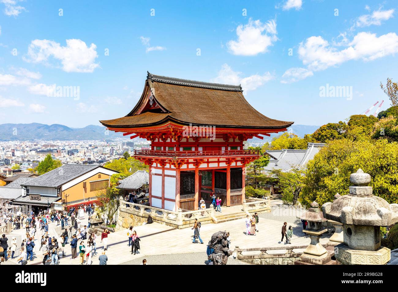 Kiyomizu dera buddhist temple, Nio mon gate and views across Kyoto towards mountain range, Kyoto ...