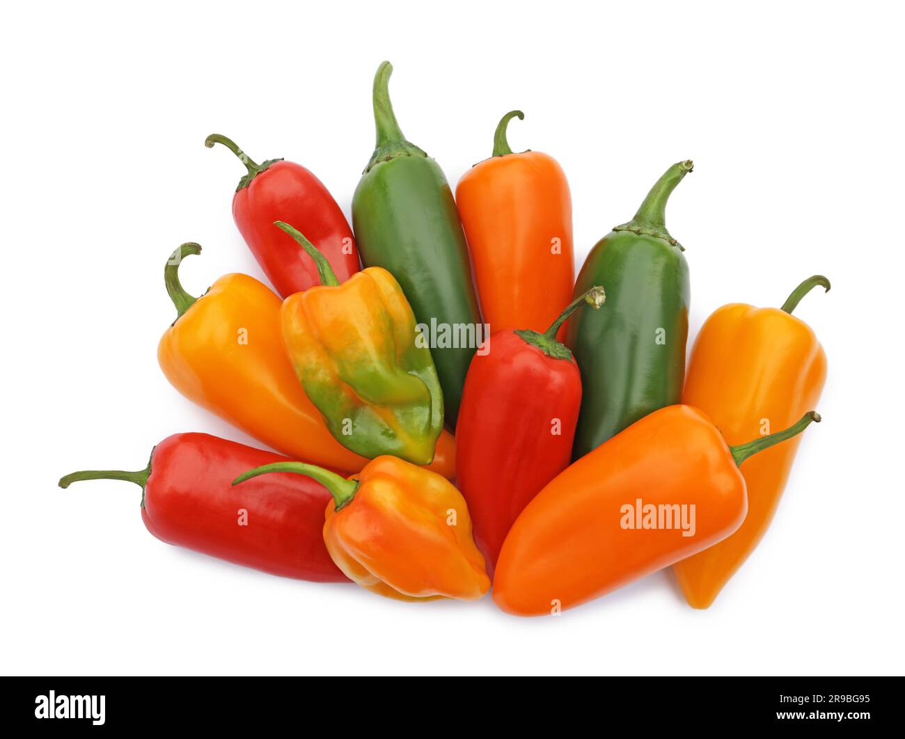Different hot chili peppers isolated on white, top view Stock Photo - Alamy