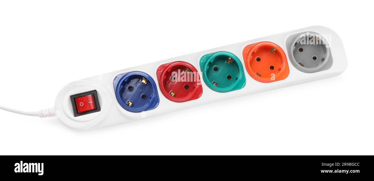 Power strip on white background, top view. Electrician's equipment ...
