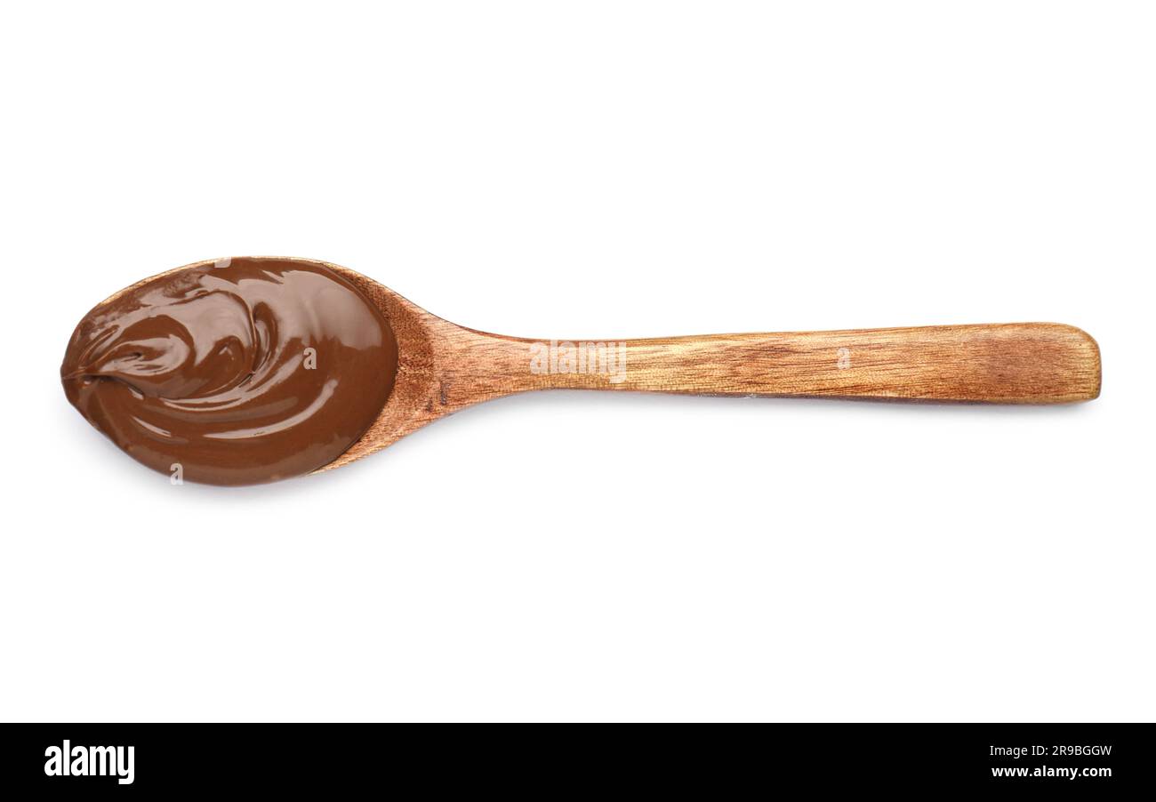 Spoon with tasty chocolate paste on white background, top view Stock ...