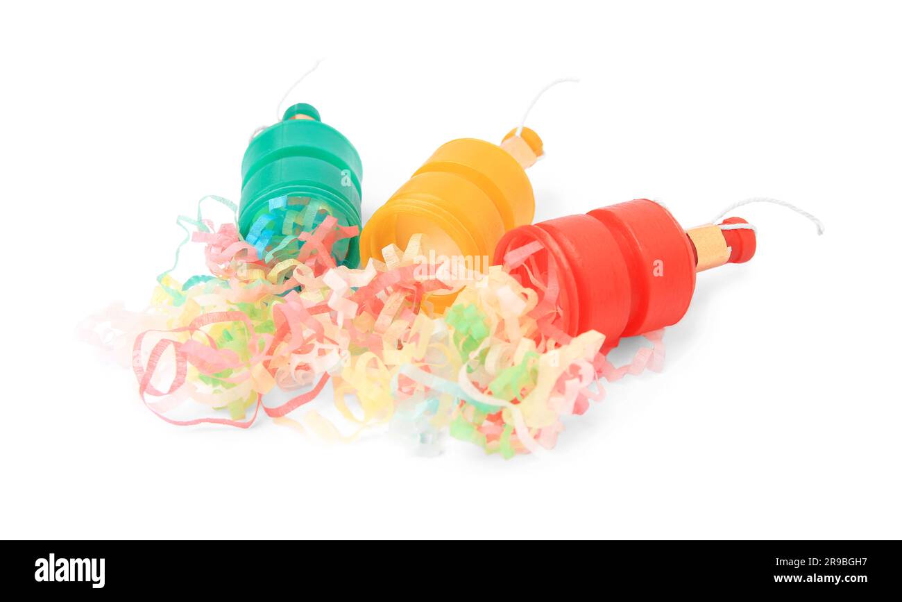 Colorful streamers with bright party crackers isolated on white Stock ...
