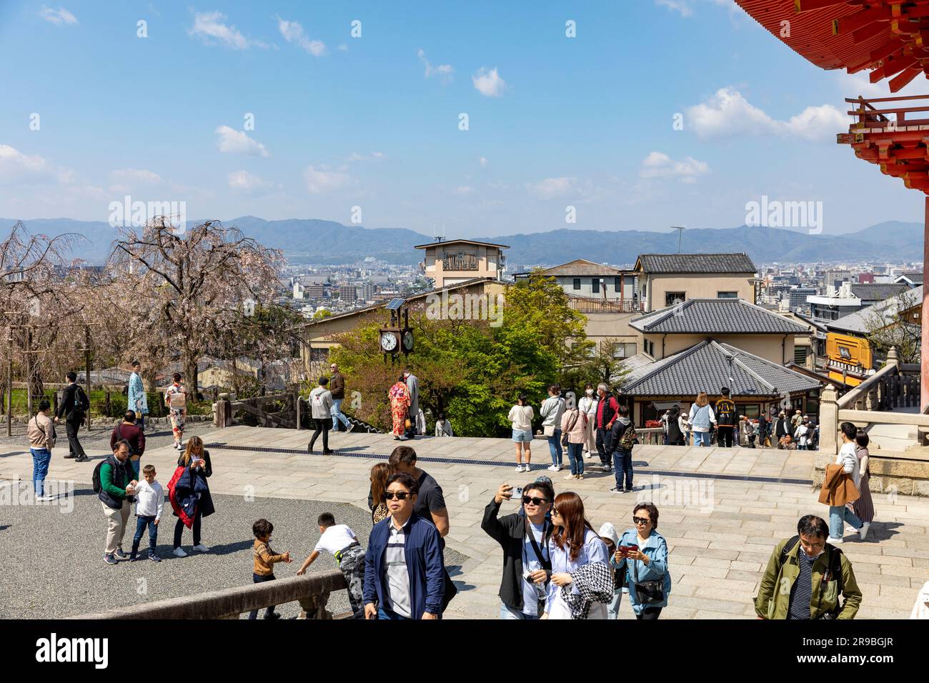 Kiyomizu dera buddhist temple, Nio mon gate and views across Kyoto towards mountain range, Kyoto ...