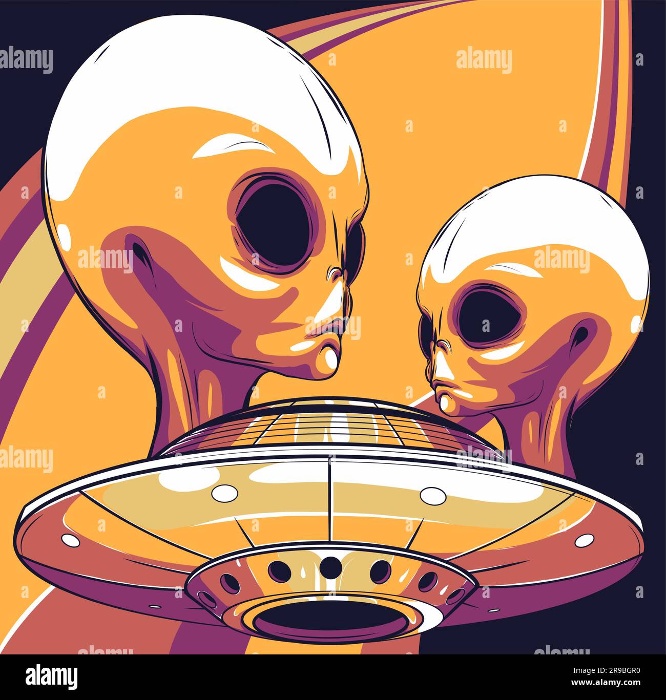 Vector illustration in flat style. Ultra violet UFO with lights. Alien ...