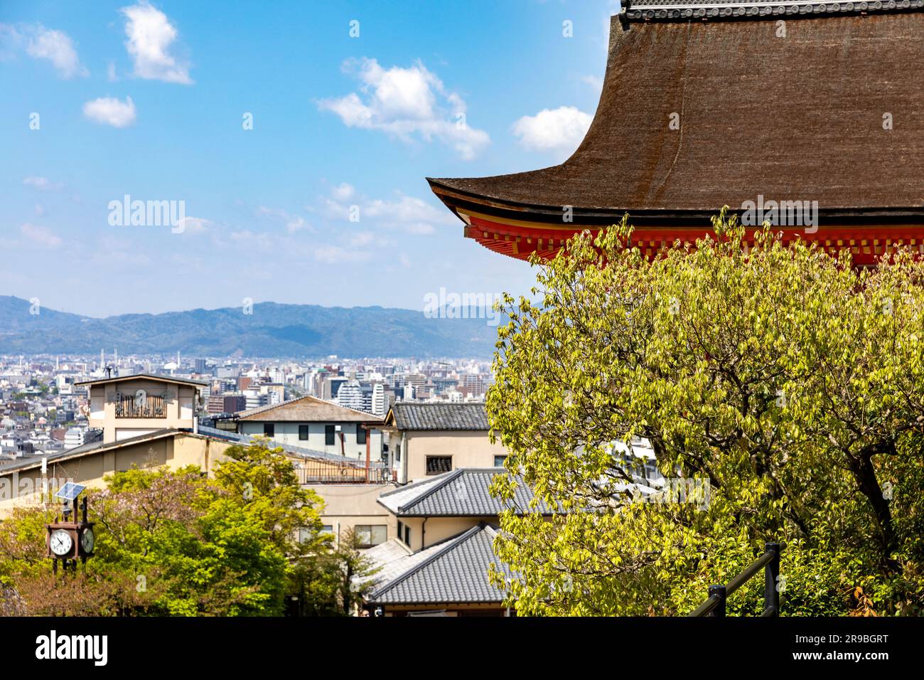 Kyoto Kiyomizu dera temple and views across Kyoto on a blue sky spring ...