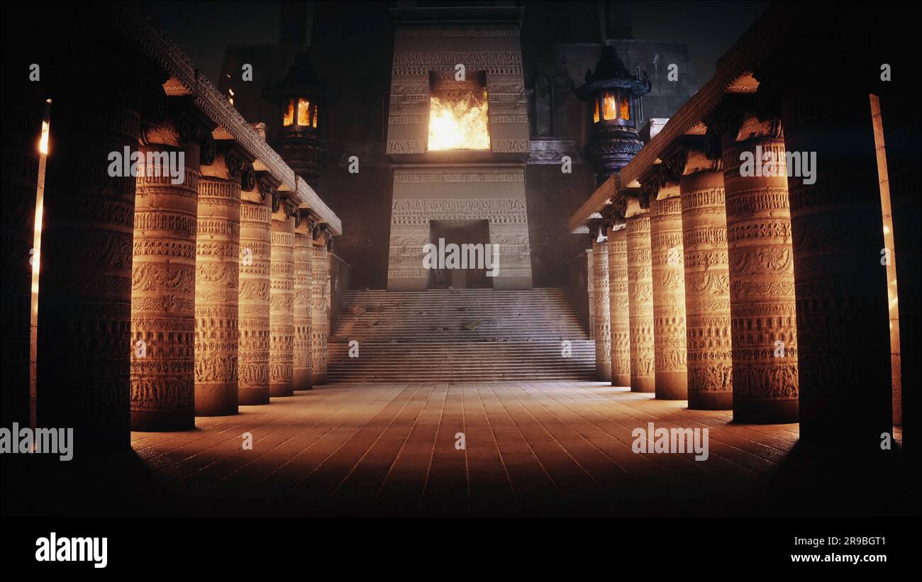 ancient columns and fantasy building with fire. 3d rendering Stock ...