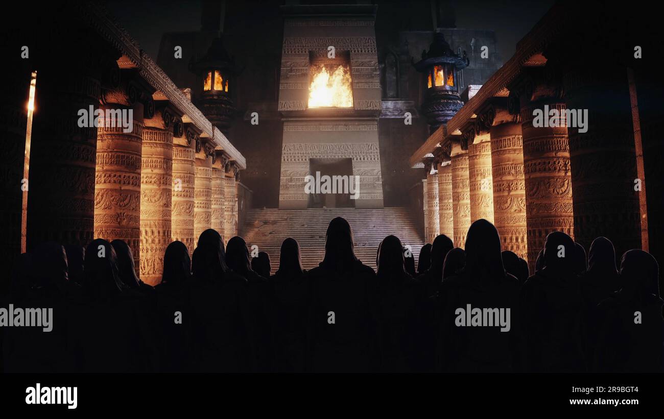 ancient columns and fantasy building with scary crowds. 3d rendering ...