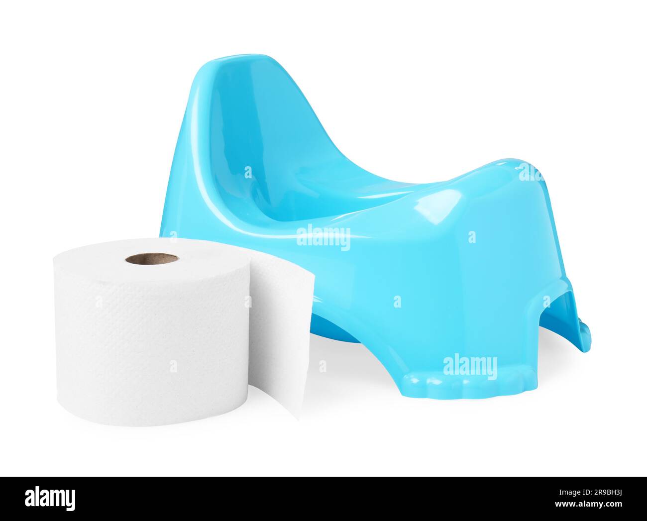 Light blue baby potty and toilet paper isolated on white Stock Photo ...