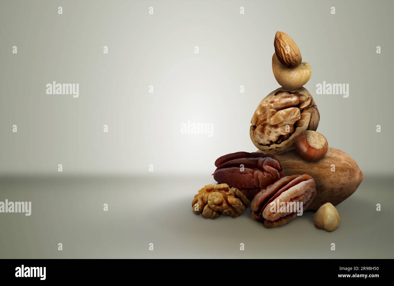 Different nuts on light grey gradient background, space for text Stock ...