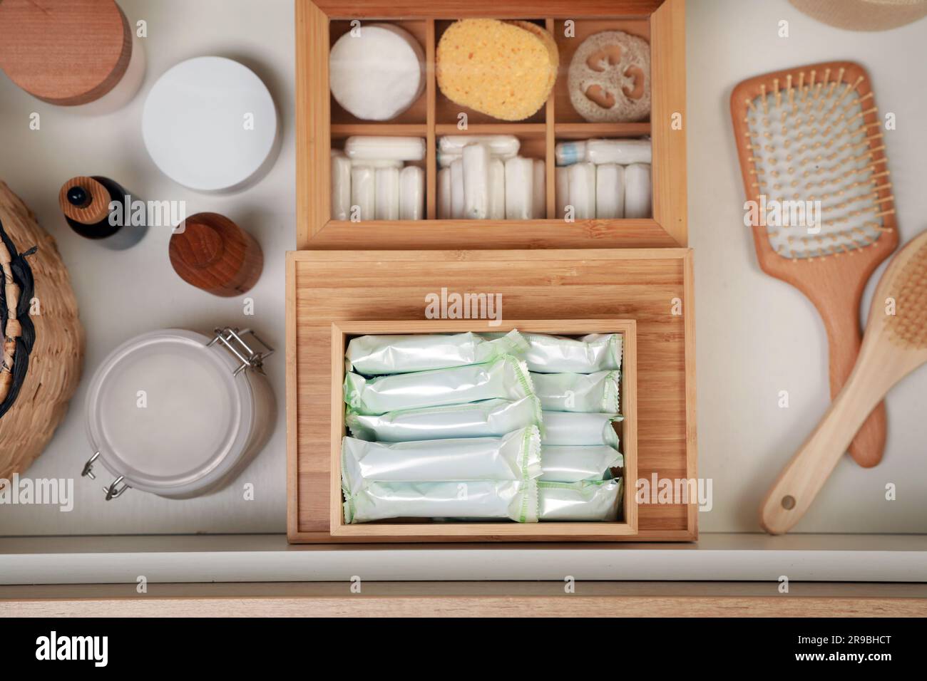 Keeping tampons and other self care products in drawer, flat lay Stock ...