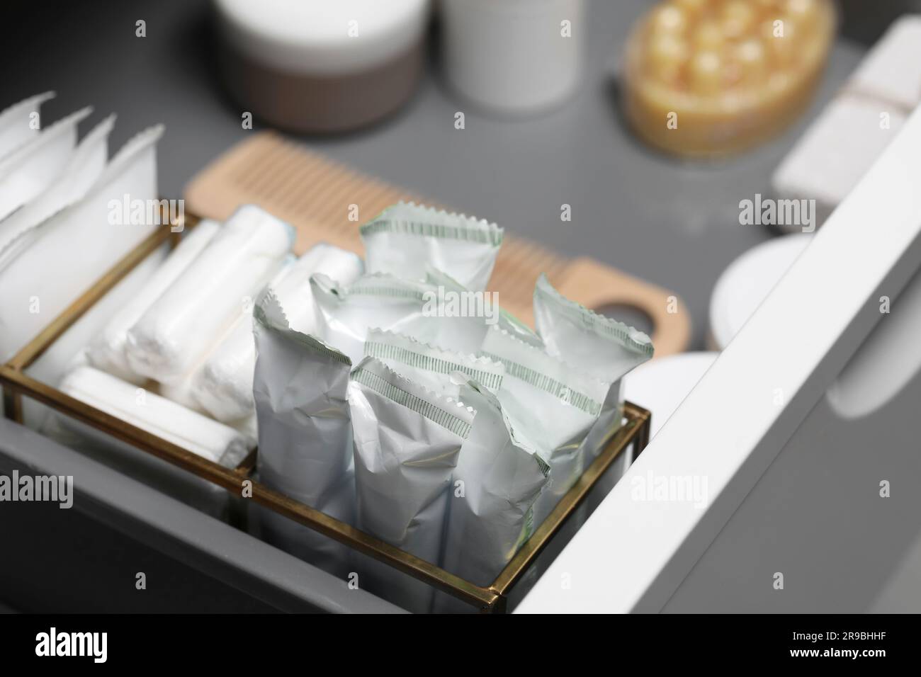 Storage of different feminine hygiene products in drawer, closeup Stock ...