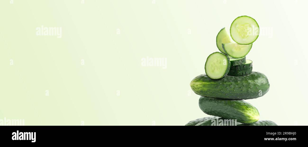 Cut and whole fresh cucumbers on pale light green gradient background ...