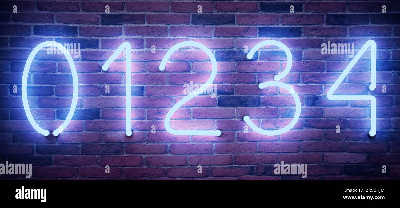 Glowing neon number (0, 1, 2, 3, 4) signs on brick wall Stock Photo - Alamy