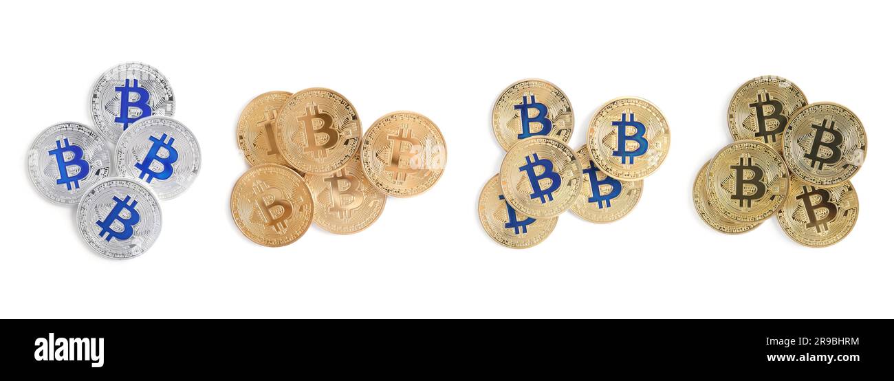 Collage with different bitcoins on white background, top view Stock ...