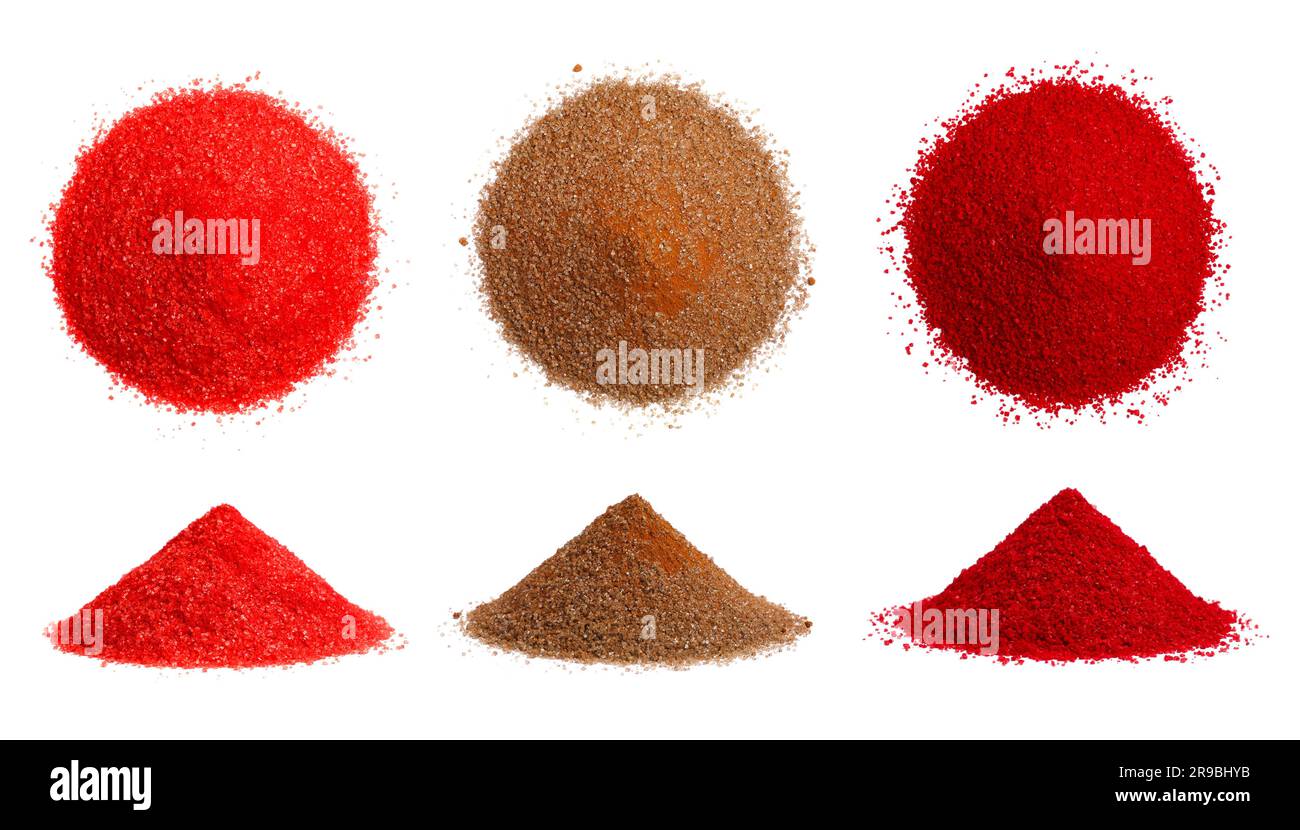Collage of different powdered food coloring isolated on white, top and ...