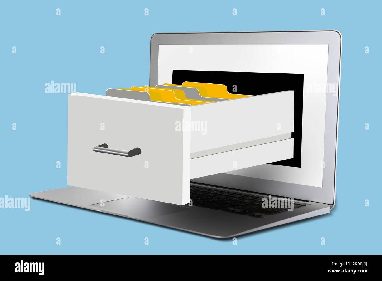 Digital archive. Drawer with manila folders sticking out of laptop ...