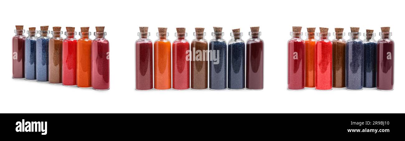 Set of different powdered food coloring in bottles isolated on white ...