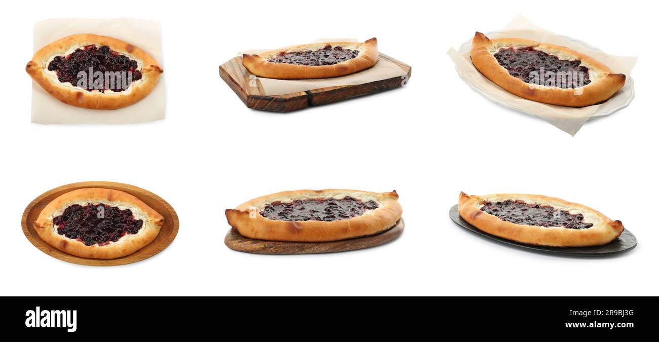 Collage of delicious sweet cottage cheese pastry with jam on white ...