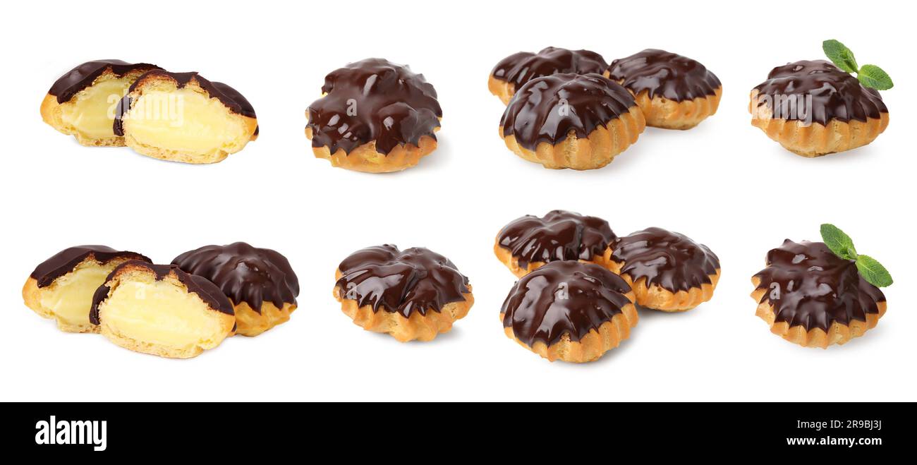 Delicious profiteroles covered with chocolate on white background ...