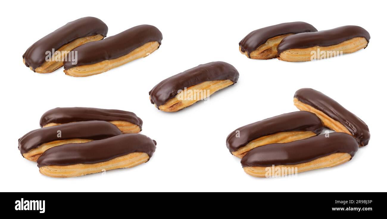 Tasty eclairs covered with chocolate on white background, collage ...