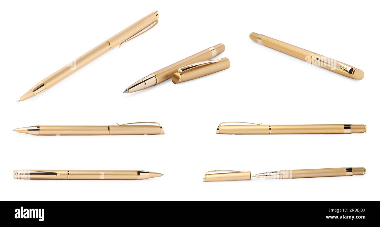 Collage with golden pens on white background Stock Photo - Alamy