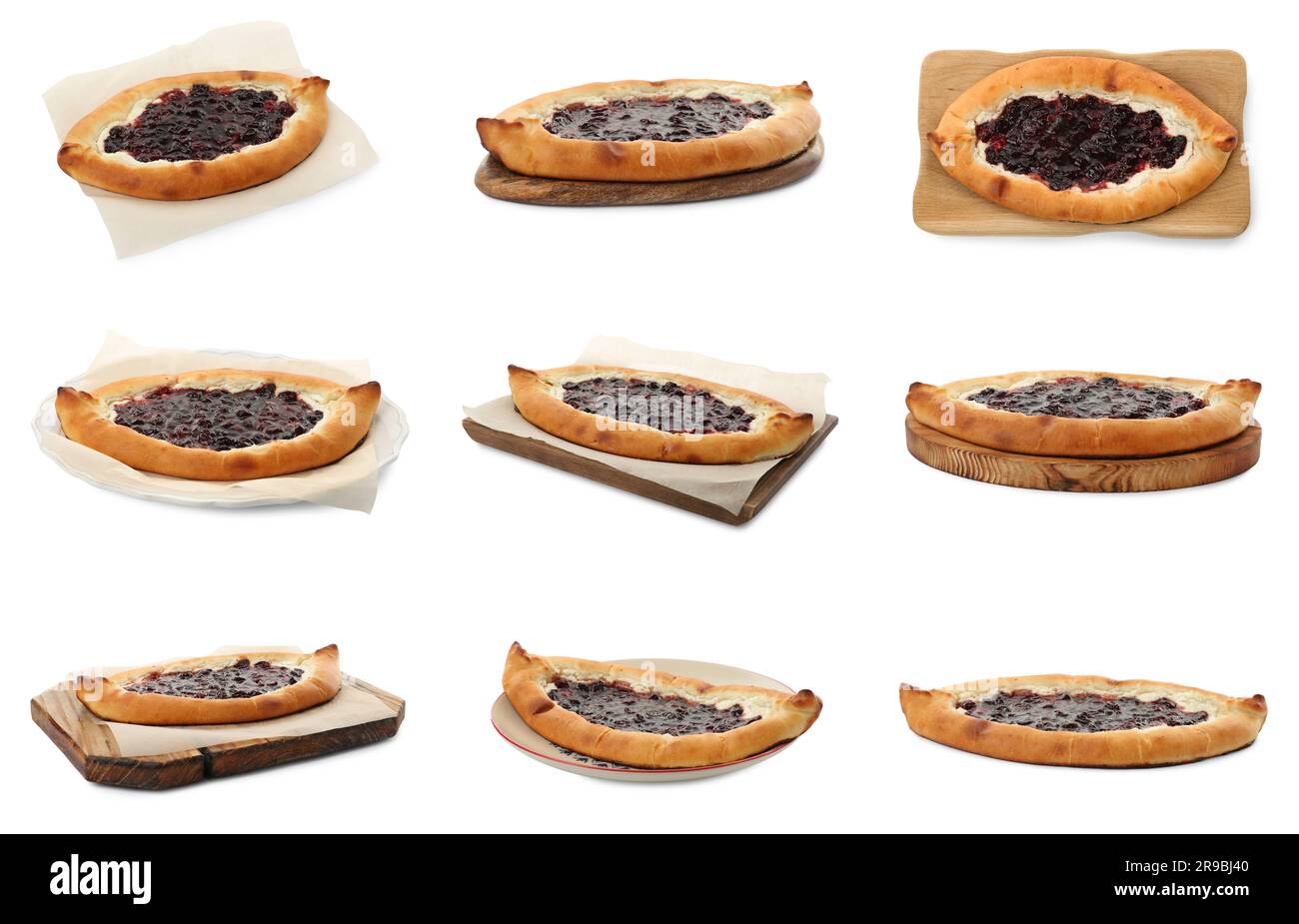 Collage of delicious sweet cottage cheese pastry with jam on white ...