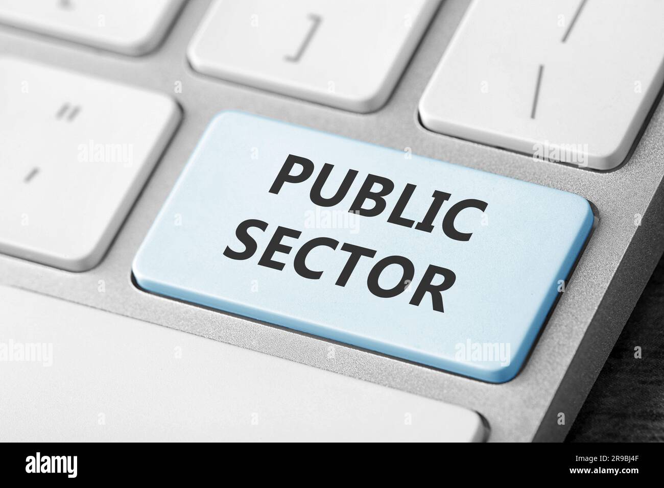 Light blue button with text Public Sector on computer keyboard, closeup ...