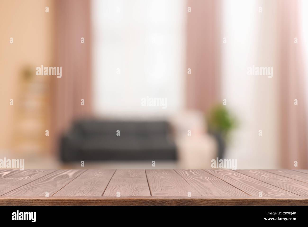 Empty wooden table against window with curtains. Space for design Stock ...