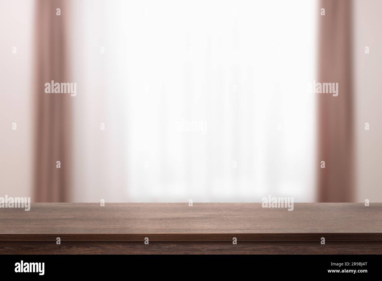 Empty wooden table against window with curtains. Space for design Stock ...