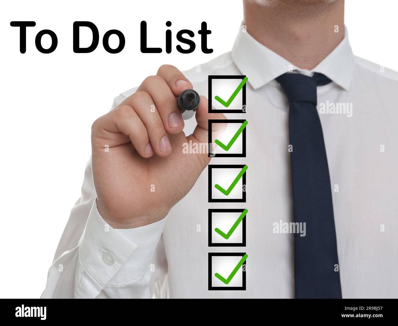 To Do List. Man ticking check boxes with marker on glass board against ...