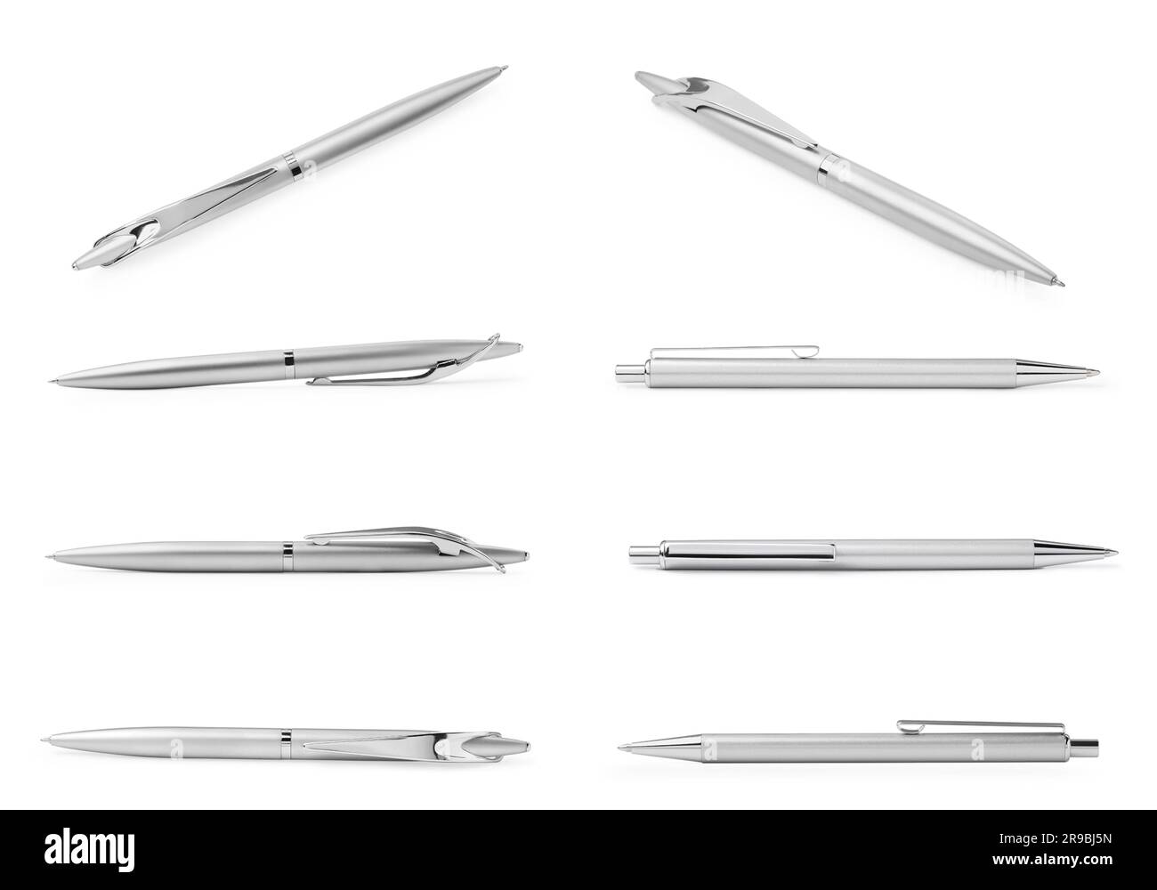 Collage with silver pens on white background, different sides Stock ...