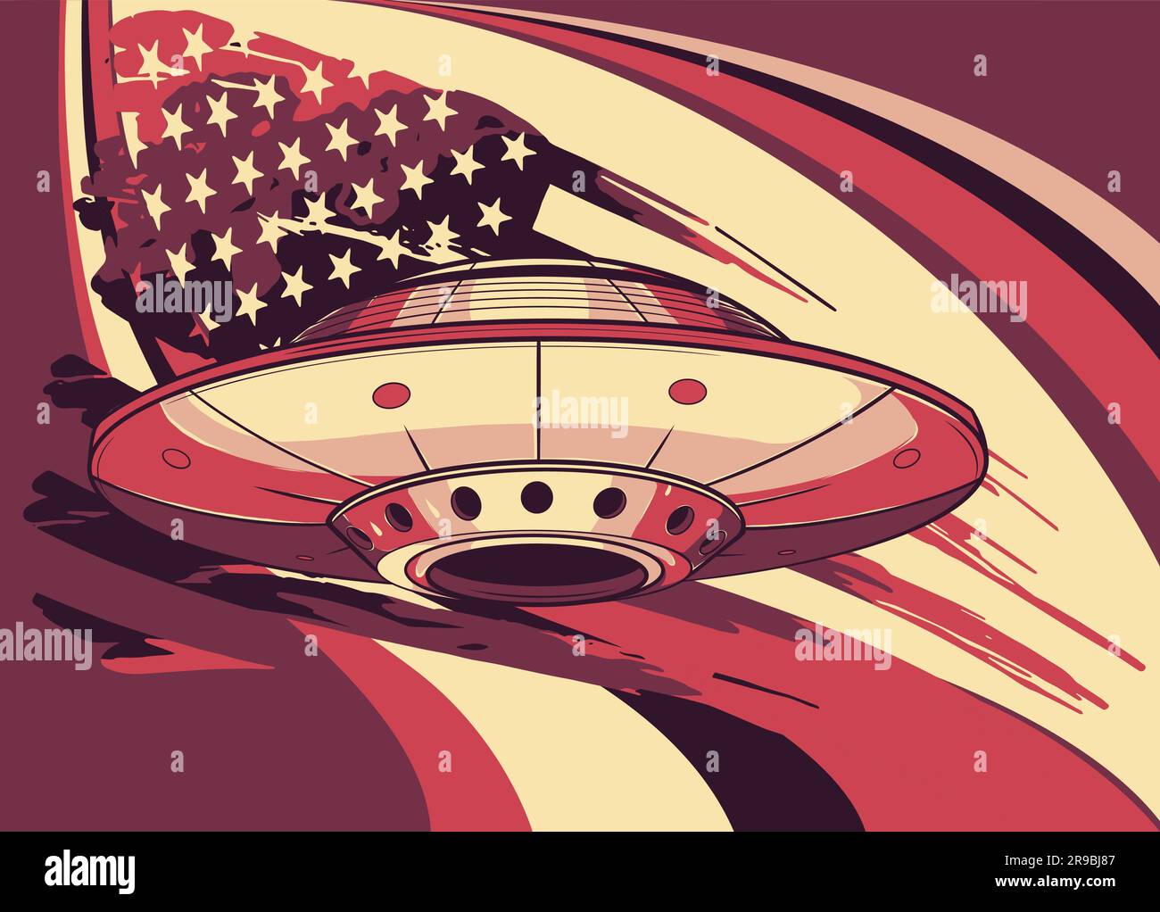 Vector illustration in flat style. Ultra violet UFO with lights. Alien ...