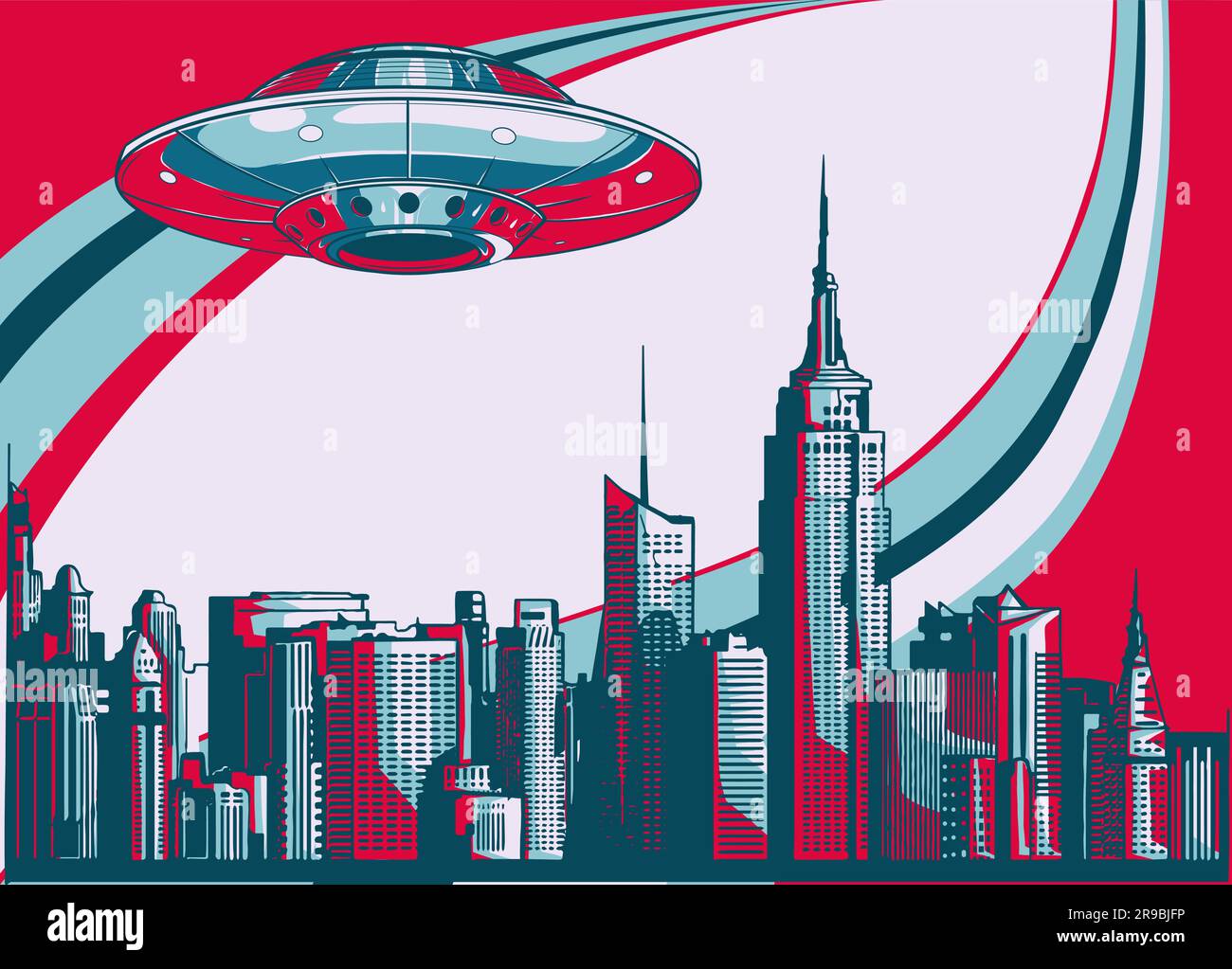 Vector illustration in flat style. Ultra violet UFO with lights. Alien ...