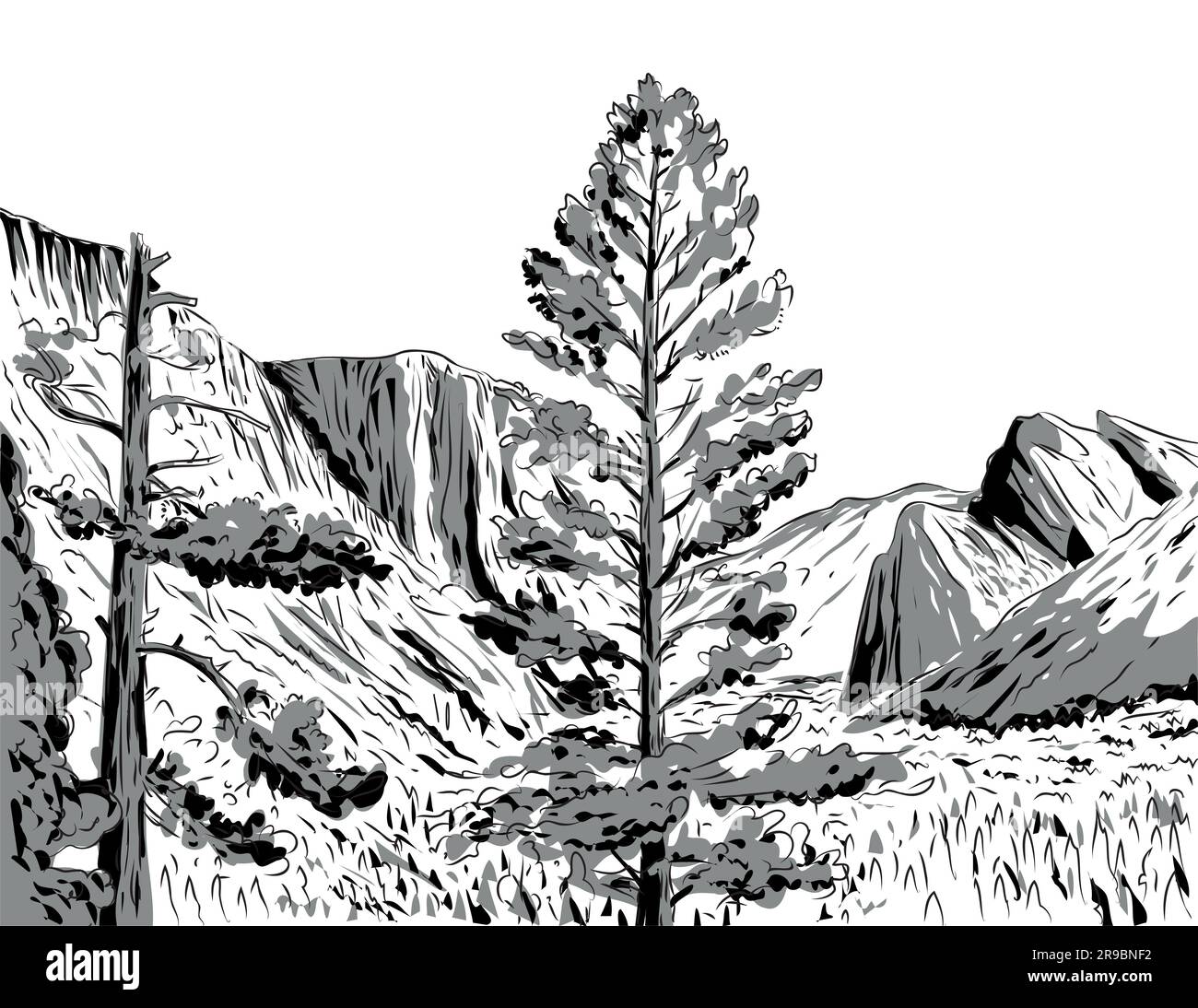 Comics style drawing illustration of the Wawona Tunnel vista view of El ...