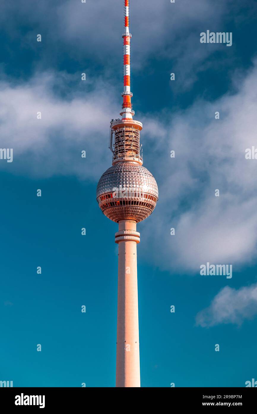 Berlin Television Tower or Berliner Fernsehturm at night. The iconic ...
