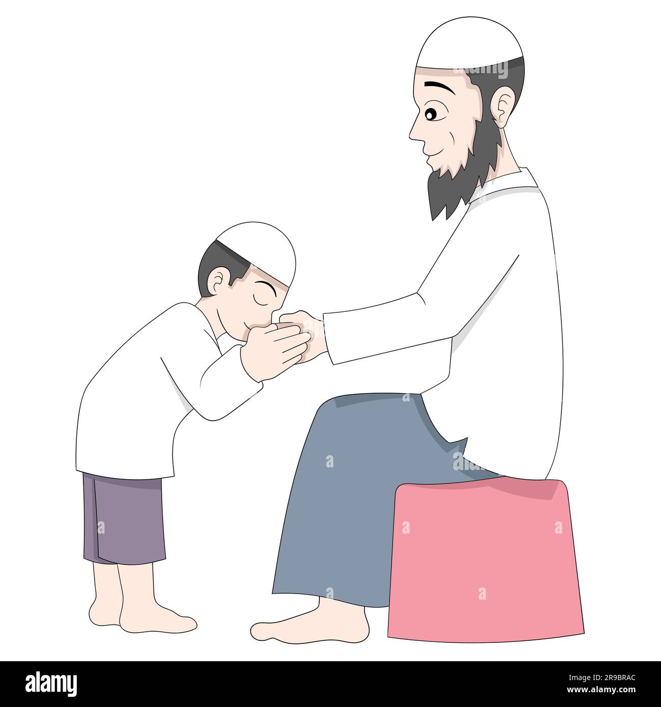 boy shaking hands with his father forgive each other in Islamic ...