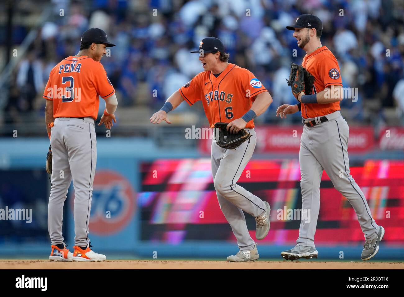 Houston Astros shortstop Jeremy Pena (3), center fielder Jake Meyers (6), and left fielder Chas ...