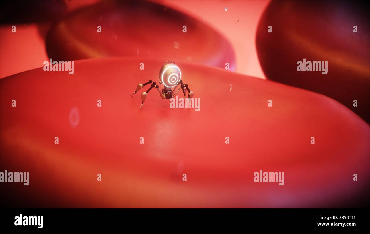 Blood cell and nanobot. Nanomedecine concept. 3d rendering Stock Photo ...