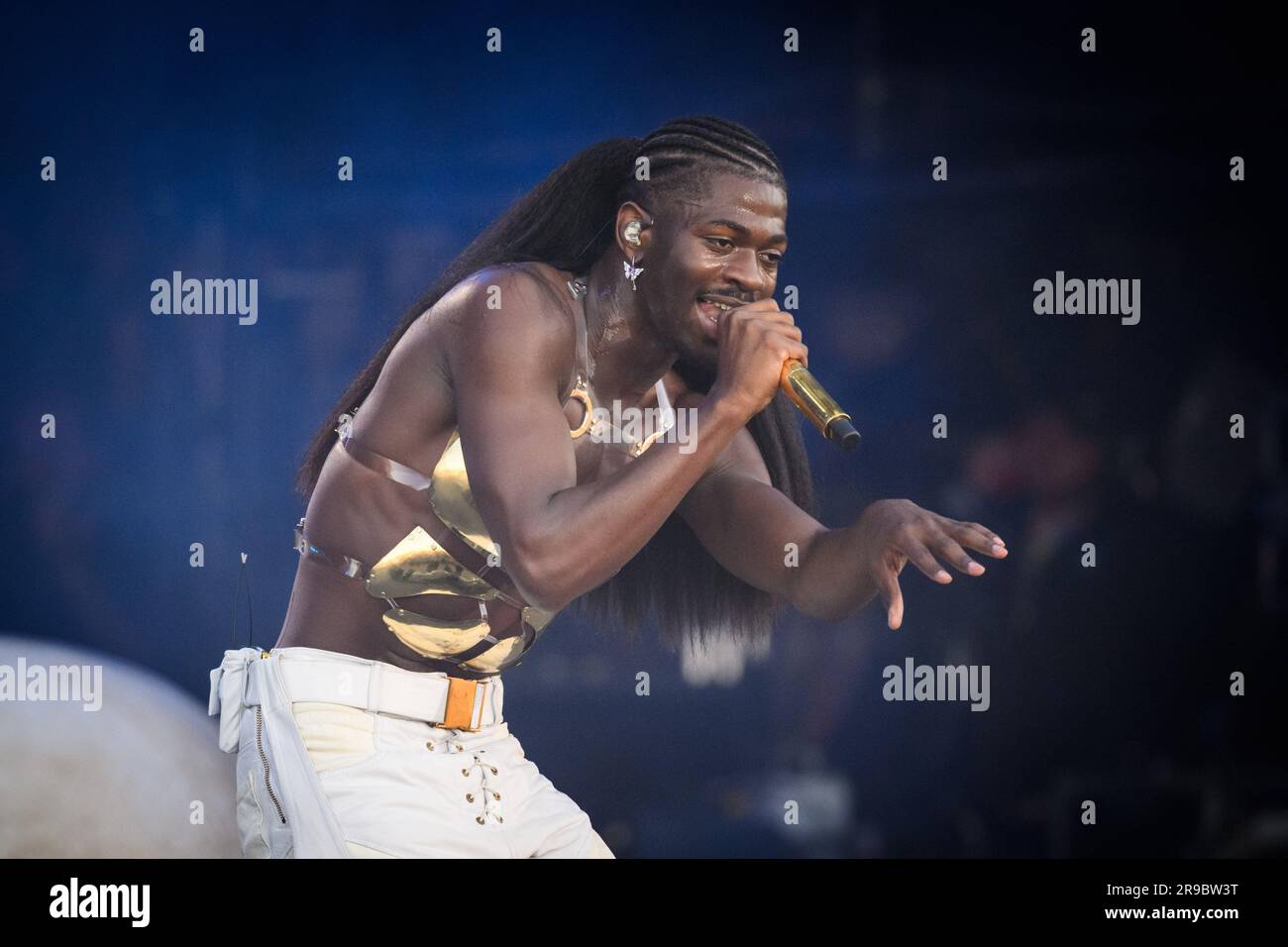 Somerset, UK. 25 June 2023. Lil Nas X performing on the Pyramid Stage ...