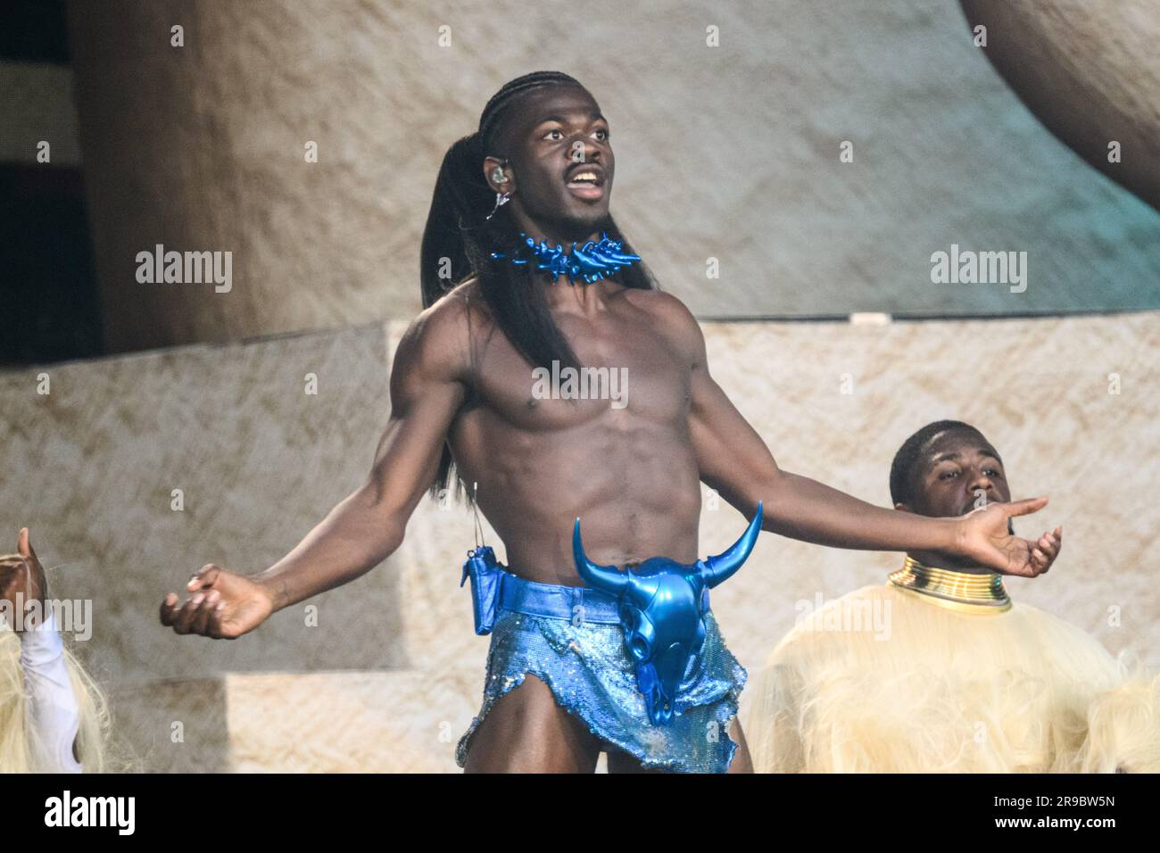 Somerset, UK. 25 June 2023. Lil Nas X performing on the Pyramid Stage ...