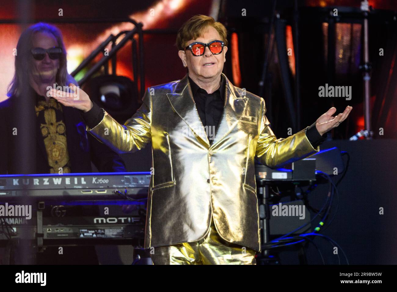 Somerset, UK. 25 June 2023. Elton John performing on the Pyramid Stage ...