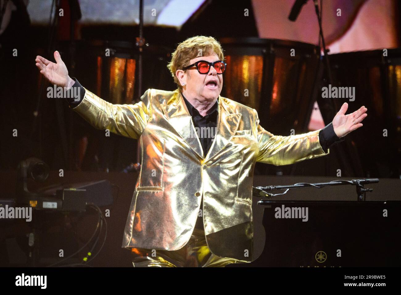 Somerset, UK. 25 June 2023. Elton John performing on the Pyramid Stage ...