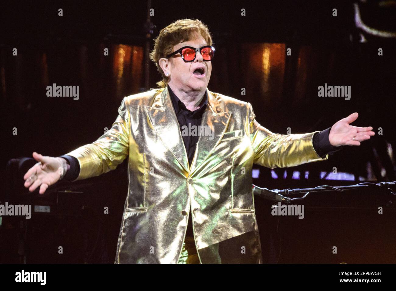 Somerset, UK. 25 June 2023. Elton John performing on the Pyramid Stage ...